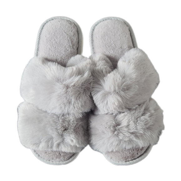 Shoes | Fuzzy Soft Slippers Grey Double Strap Slip On New | Poshmark